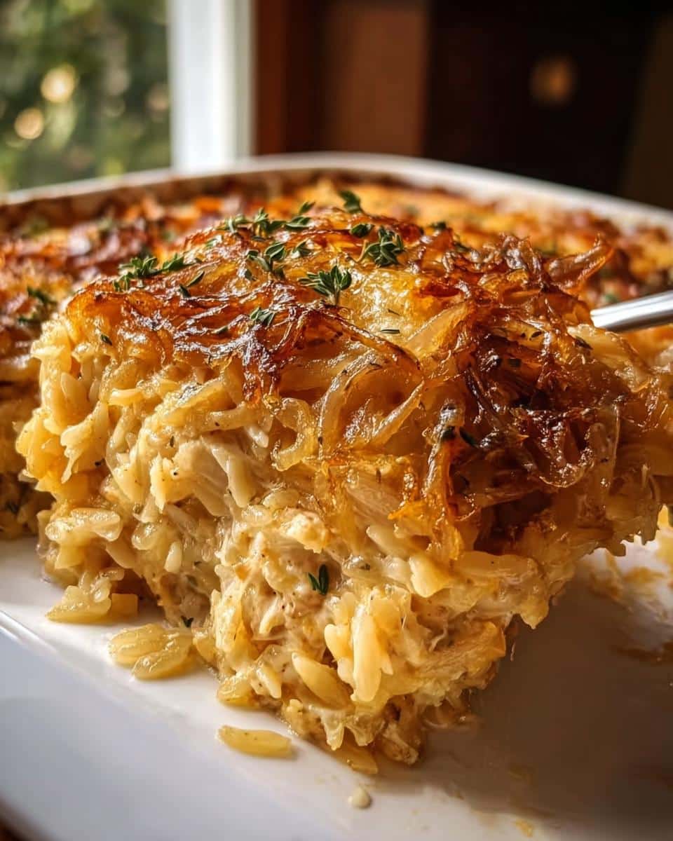 French Onion Chicken Orzo Casserole - Travelers Wizard