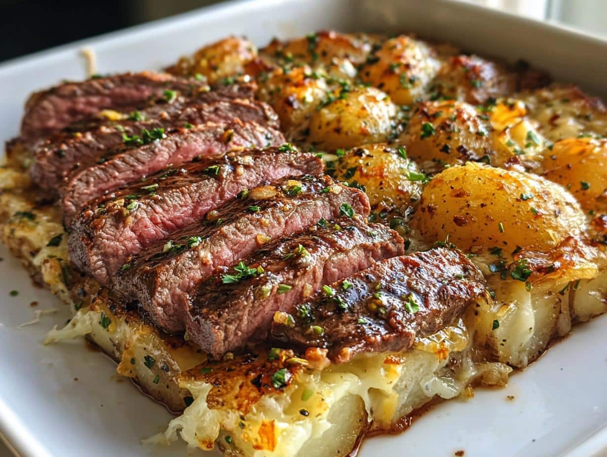 Garlic Butter Steak & Cheddar Potato Bake Recipe - Travelers Wizard