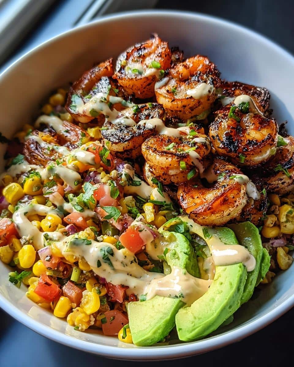 Grilled Shrimp Bowl with Avocado, Corn Salsa & Creamy Garlic Sauce ...