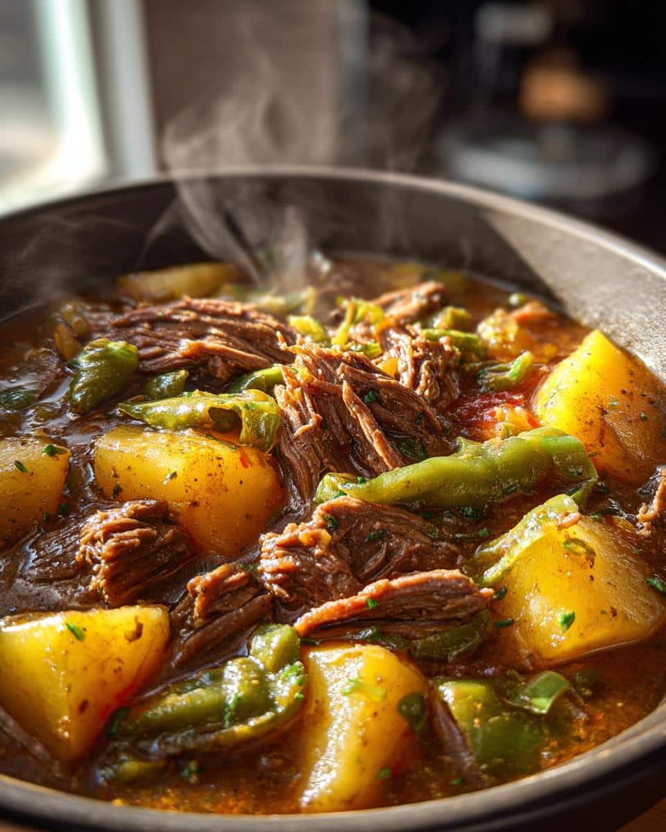 Hearty Beef with Green Chile & Potatoes - Travelers Wizard