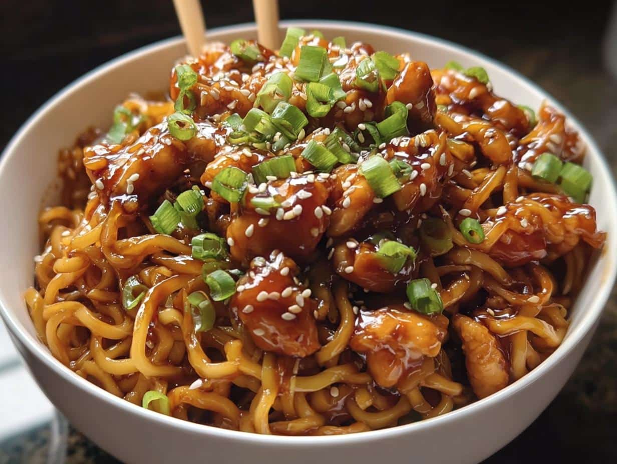 Sticky Garlic Chicken Noodles - Travelers Wizard