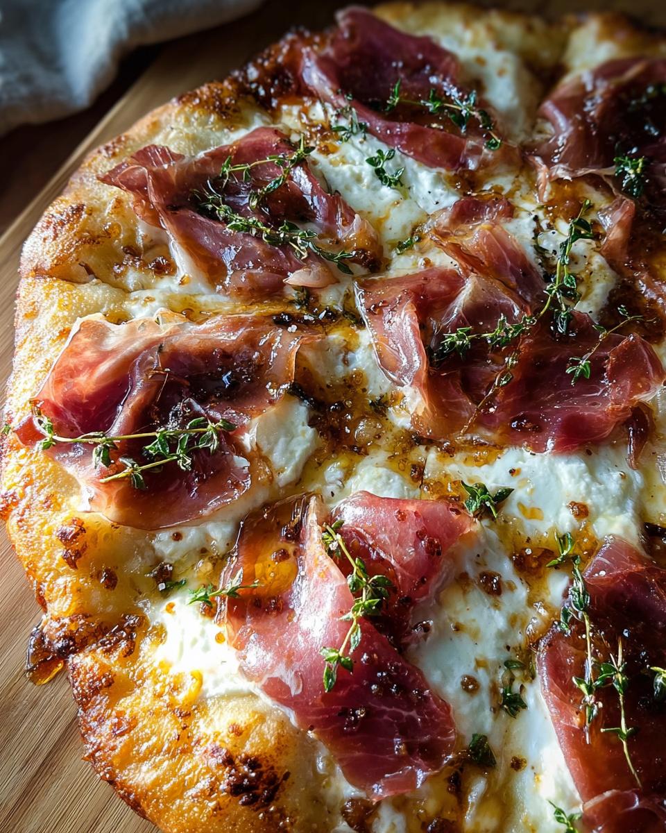 White Pizza with Beef Prosciutto Hot Honey - Travelers Wizard
